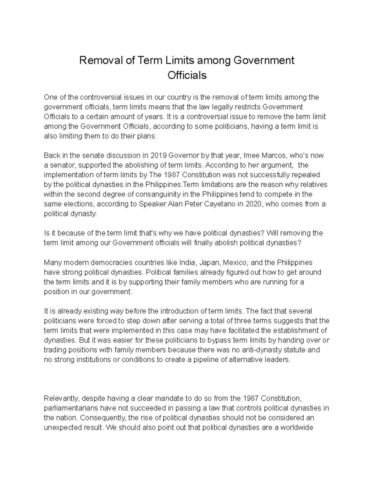 Position Paper - Removal of Term Limits among Government Officials One ...