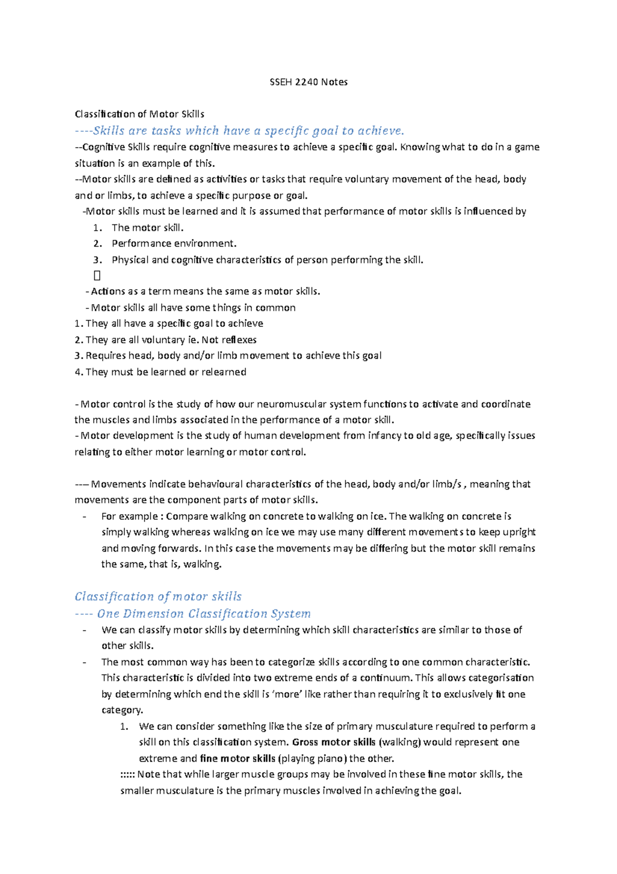 Lecture notes, entire unit - SSEH 2240 Notes Classification of Motor ...