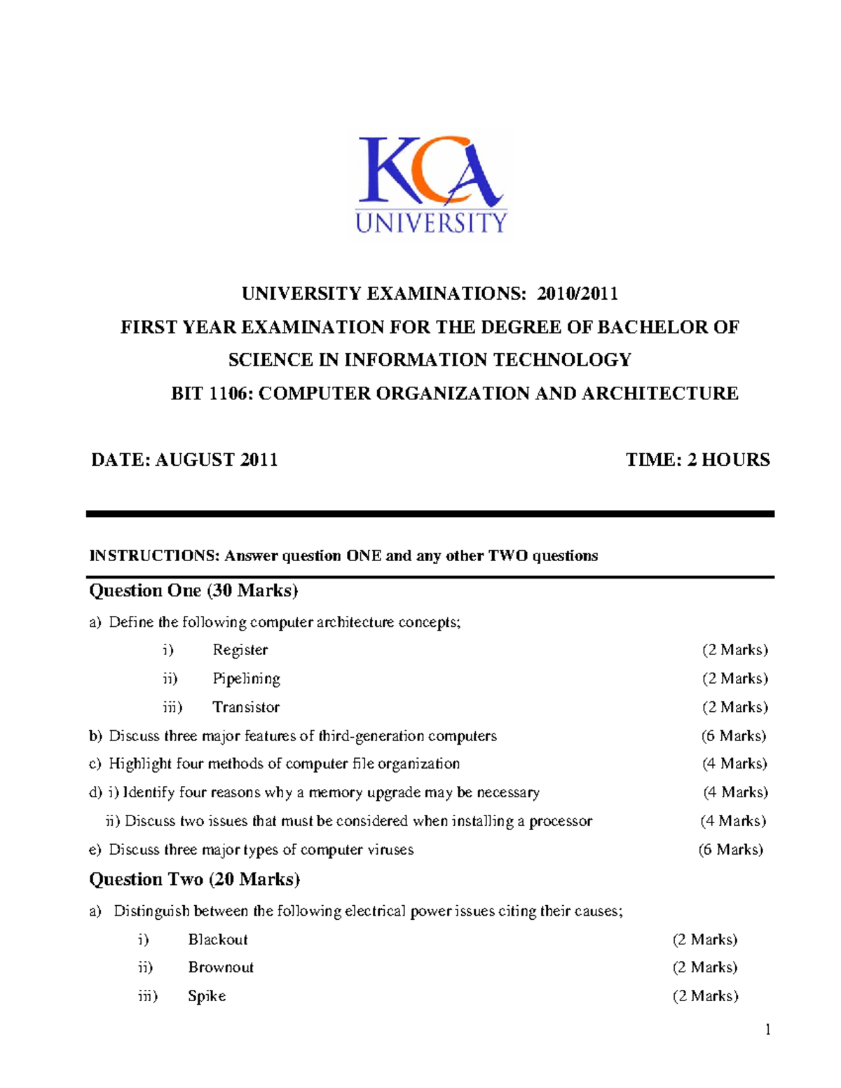 BIT 1106 Computer Organization AND Architecture - 1 UNIVERSITY ...