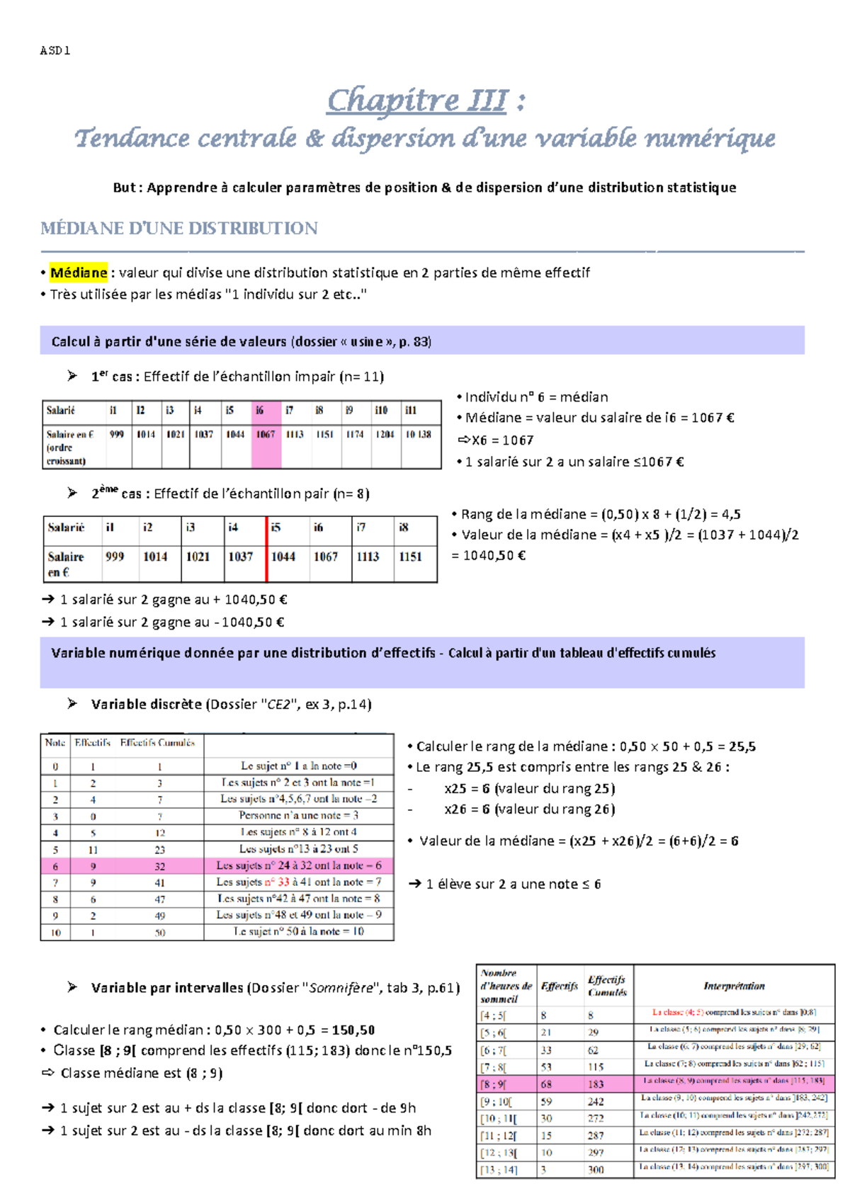 ASD1 - CM3 - Cours ASD - ASD Chapitre III : Tendance centrale & dispersion d’une variable - Studocu