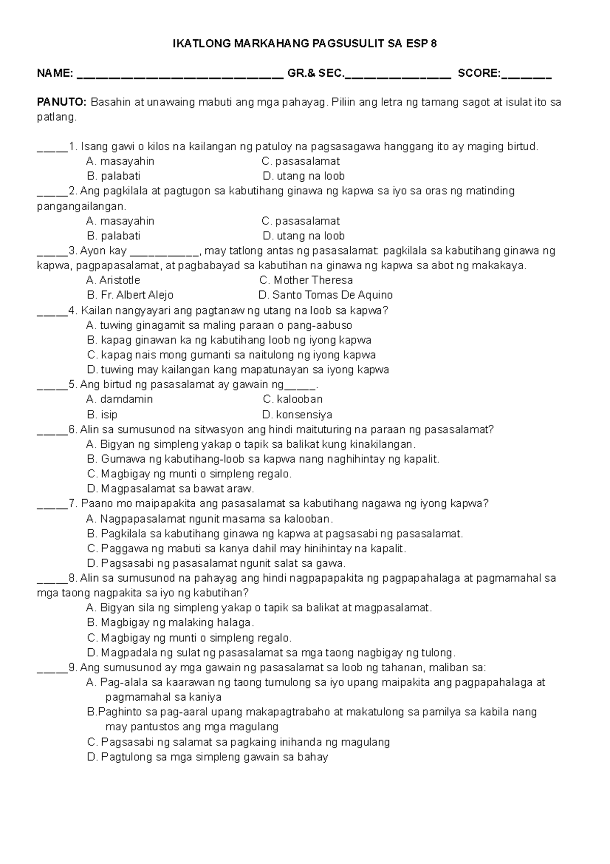 PT G8 ESP3RD - gfhyfhyujytjy - IKATLONG MARKAHANG PAGSUSULIT SA ESP 8 ...