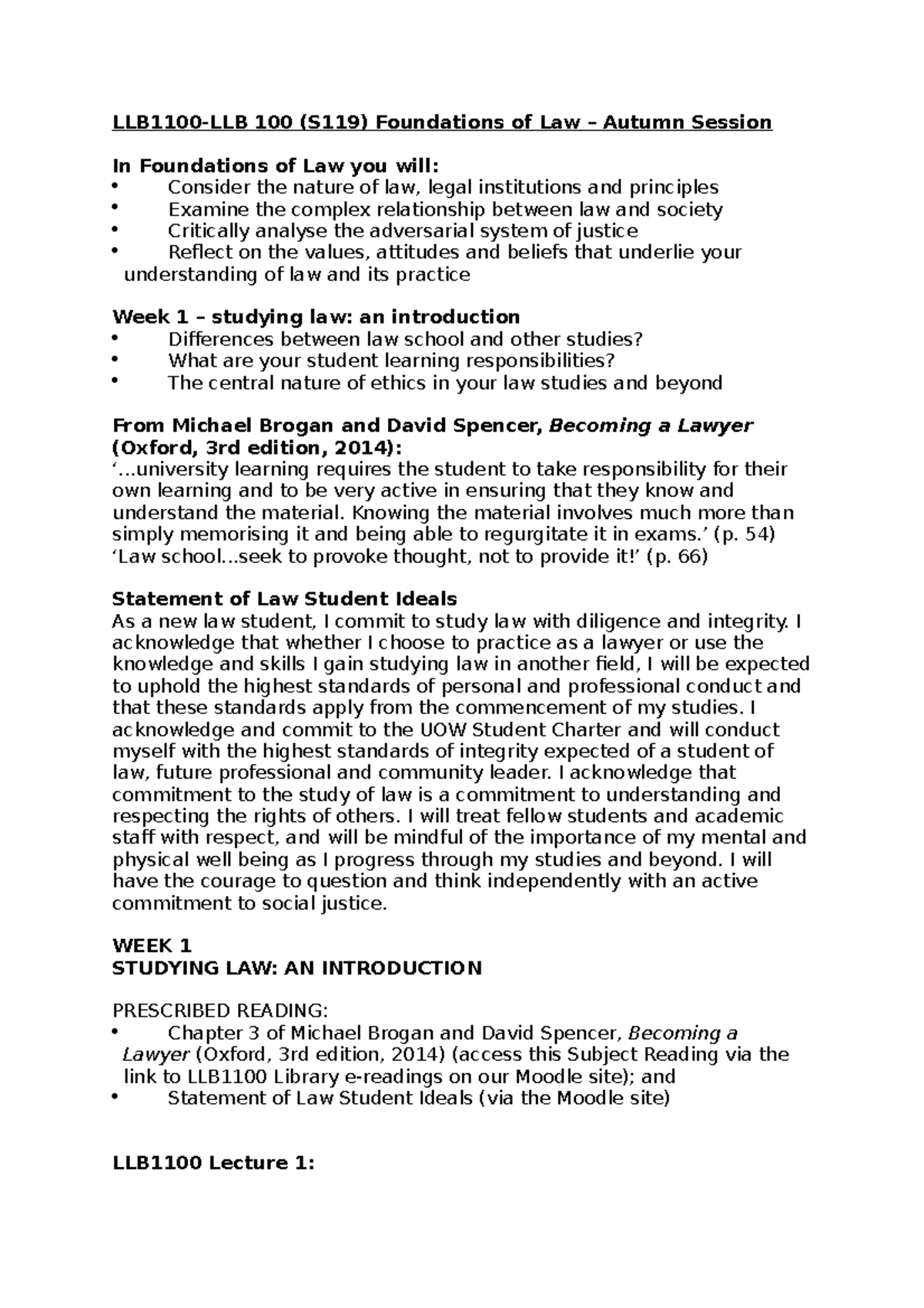 LLB1100 Lecture Notes - LLB1100-LLB 100 (S119) Foundations of Law ...