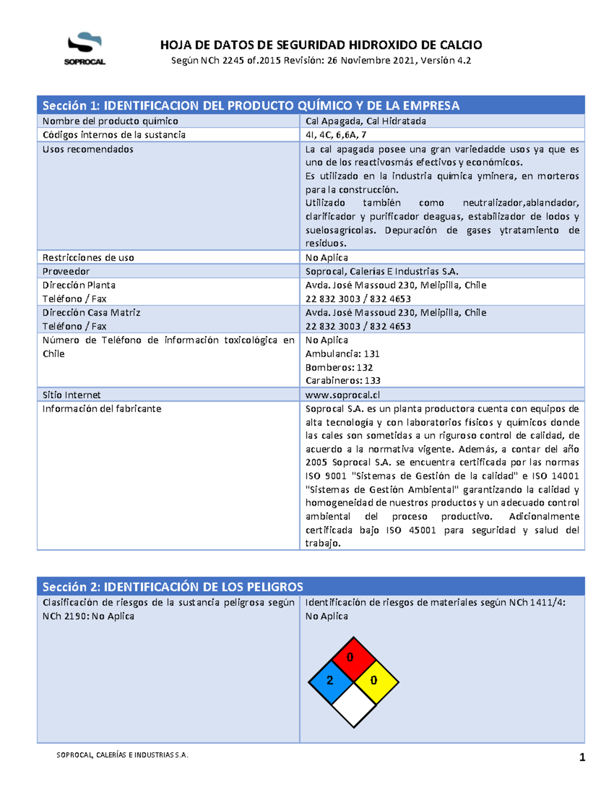 HDS Hidroxido DE Calcio 2021 - Según NCh 2245 of Revisión: 26 Noviembre 2021, Versión 4. Sección ...
