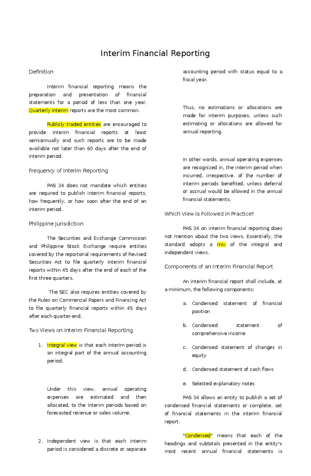 Interim Financial Reporting Lecture Notes - Interim Financial Reporting ...