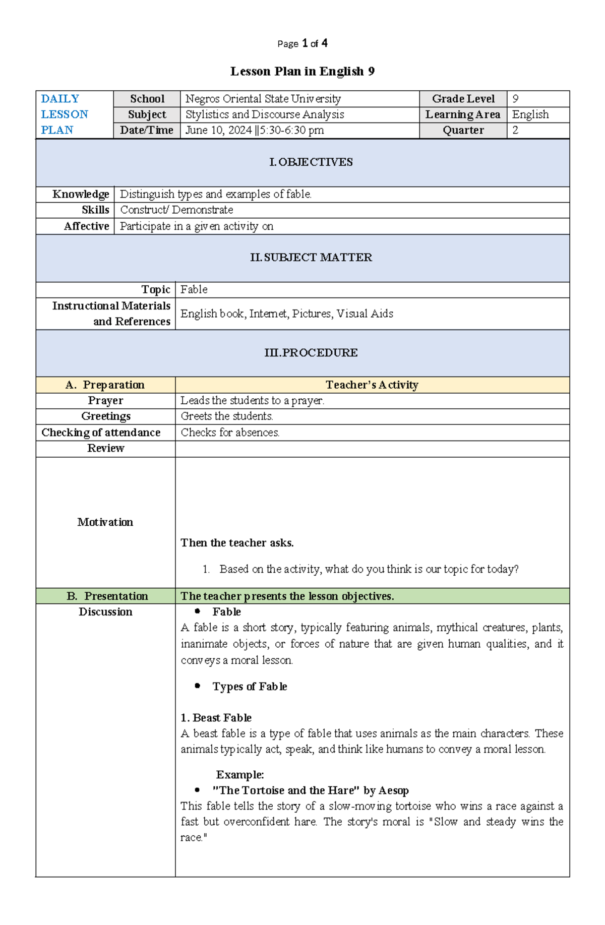 Fable-LP - For reporting - Lesson Plan in English 9 DAILY LESSON PLAN ...