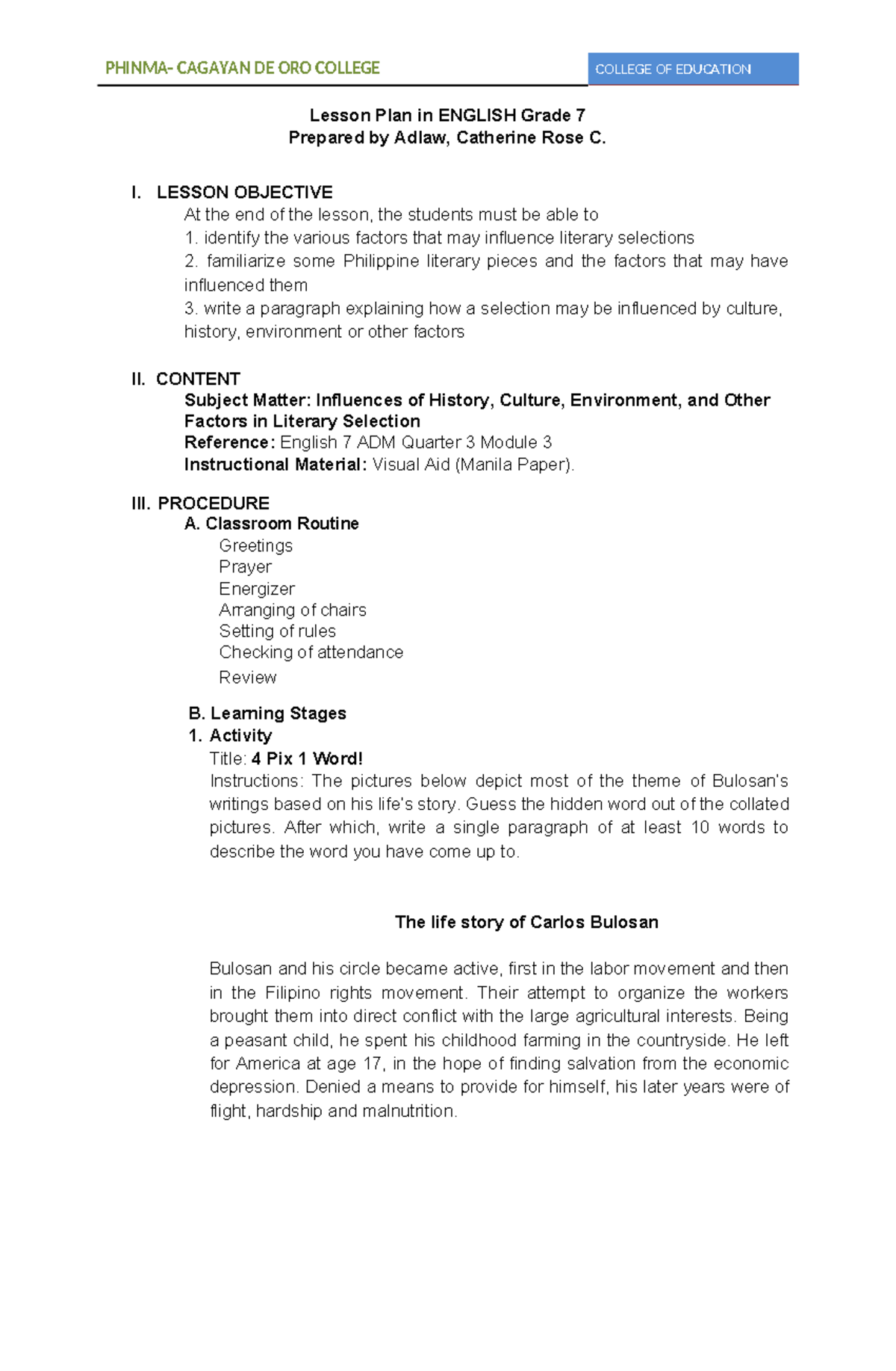 G7 WEEK 3 LP - sample lesson plan - Lesson Plan in ENGLISH Grade 7 ...