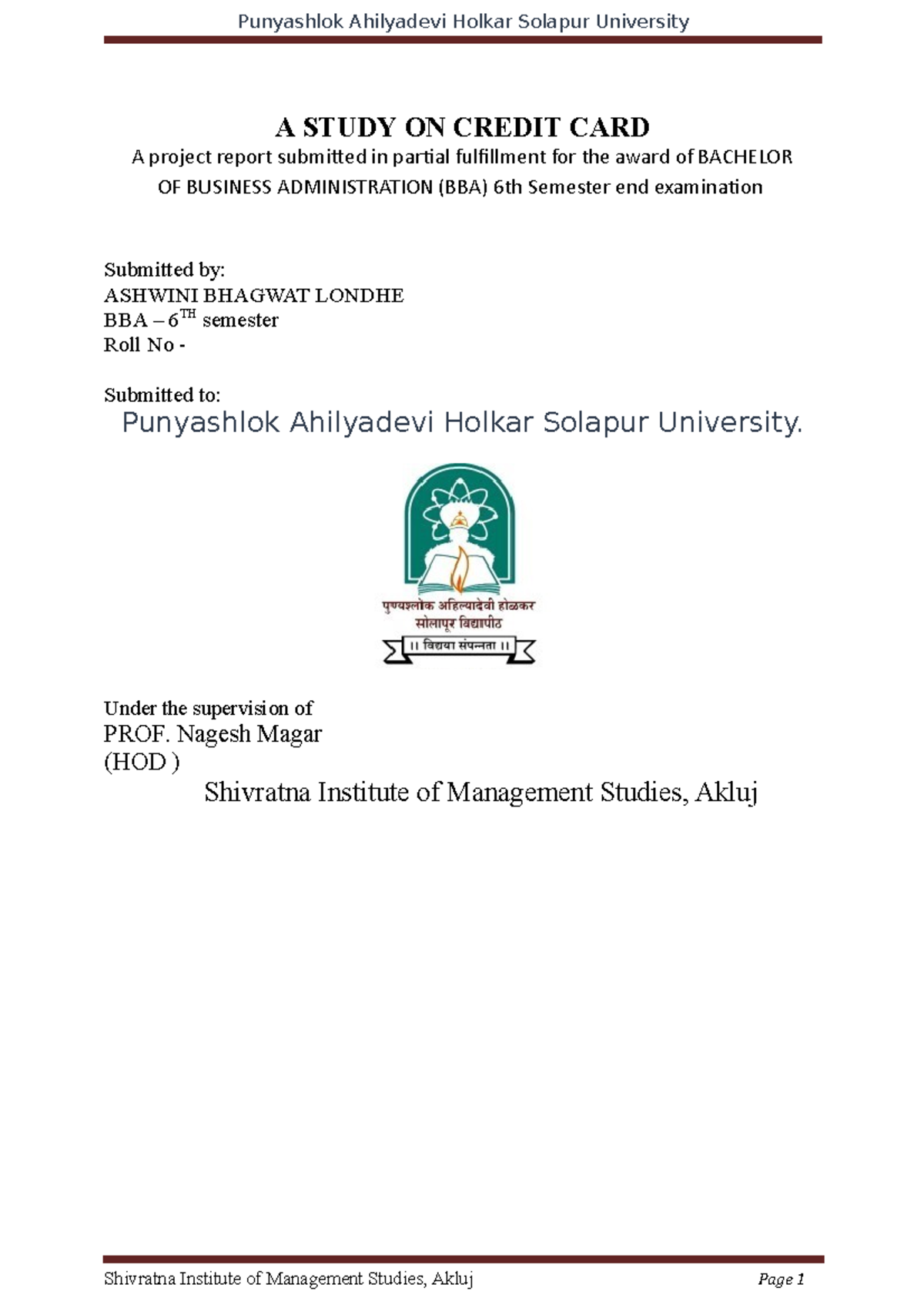 Ashwini'S Project ON CREDIT CARD - A STUDY ON CREDIT CARD A project ...