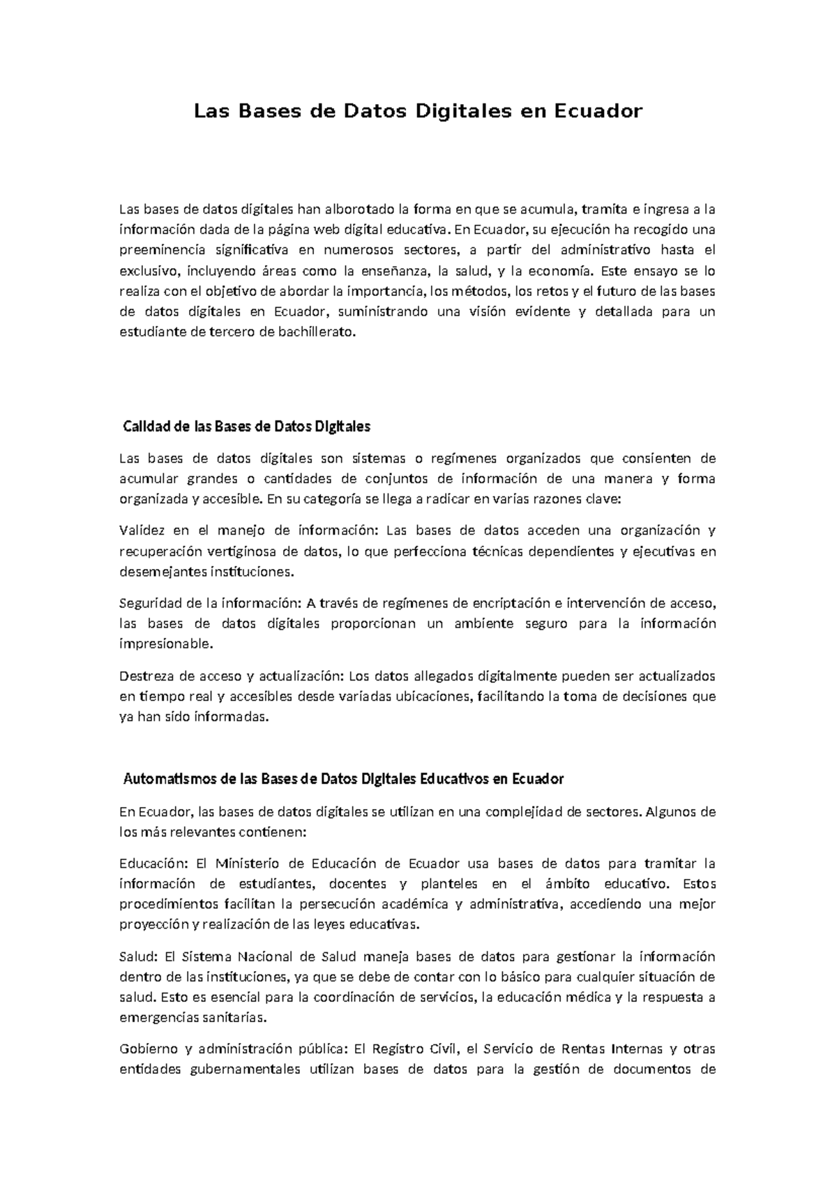 Las Bases de Datos Digitales Educativas en Ecuador - Las Bases de Datos Digitales en Ecuador Las ...