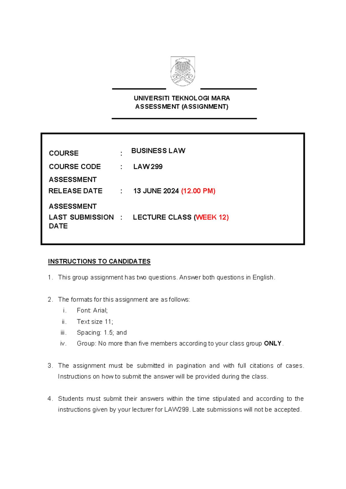 LAW299 Assignment 2024 - UNIVERSITI TEKNOLOGI MARA ASSESSMENT ...