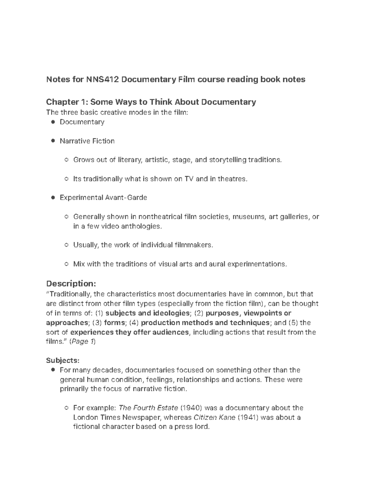 Notes for NNS412 - Notes for NNS412 Documentary Film course reading ...