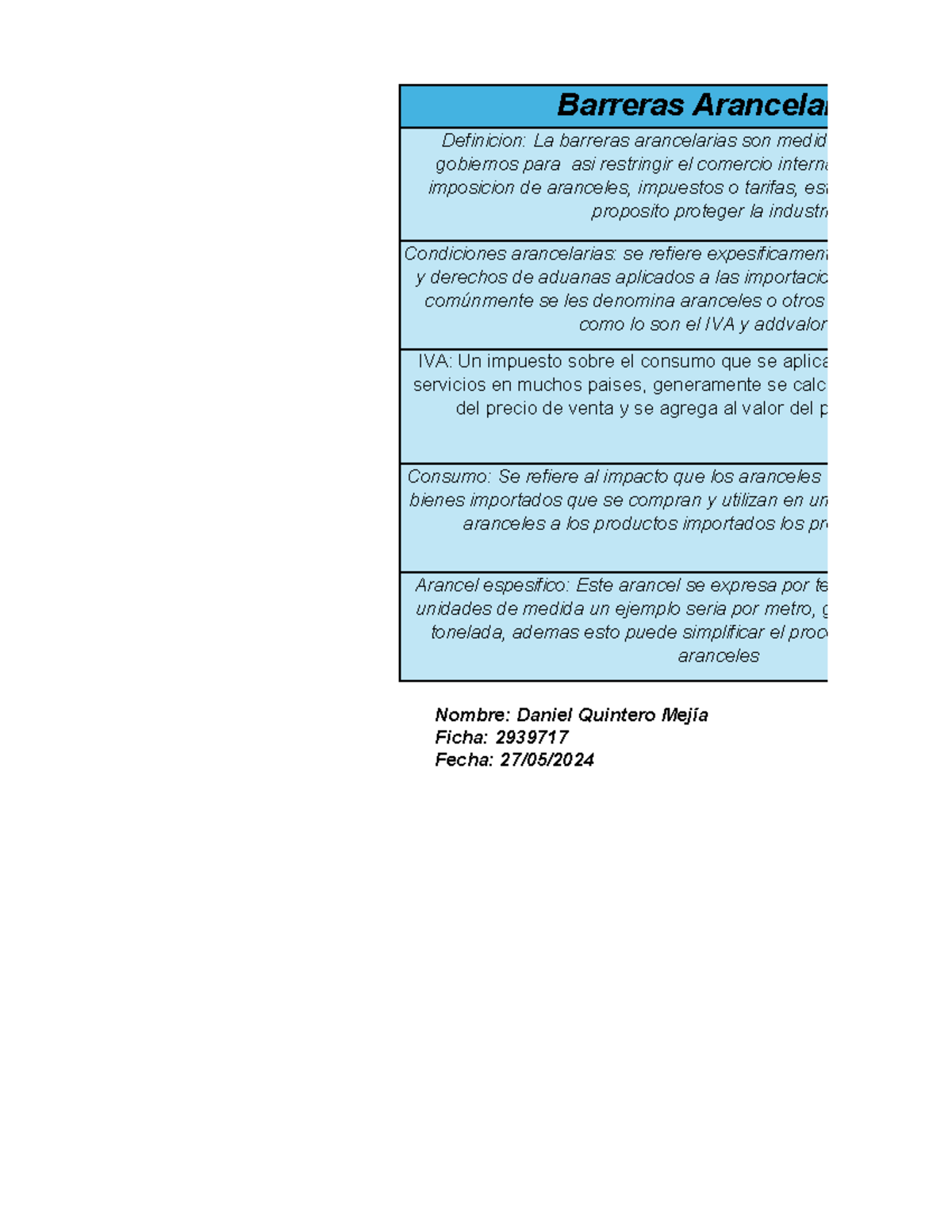 Cuadro comparativo - jsjsjs - Barreras Arancelarias Nombre: Daniel Quintero Mejía Ficha: 2939717 ...