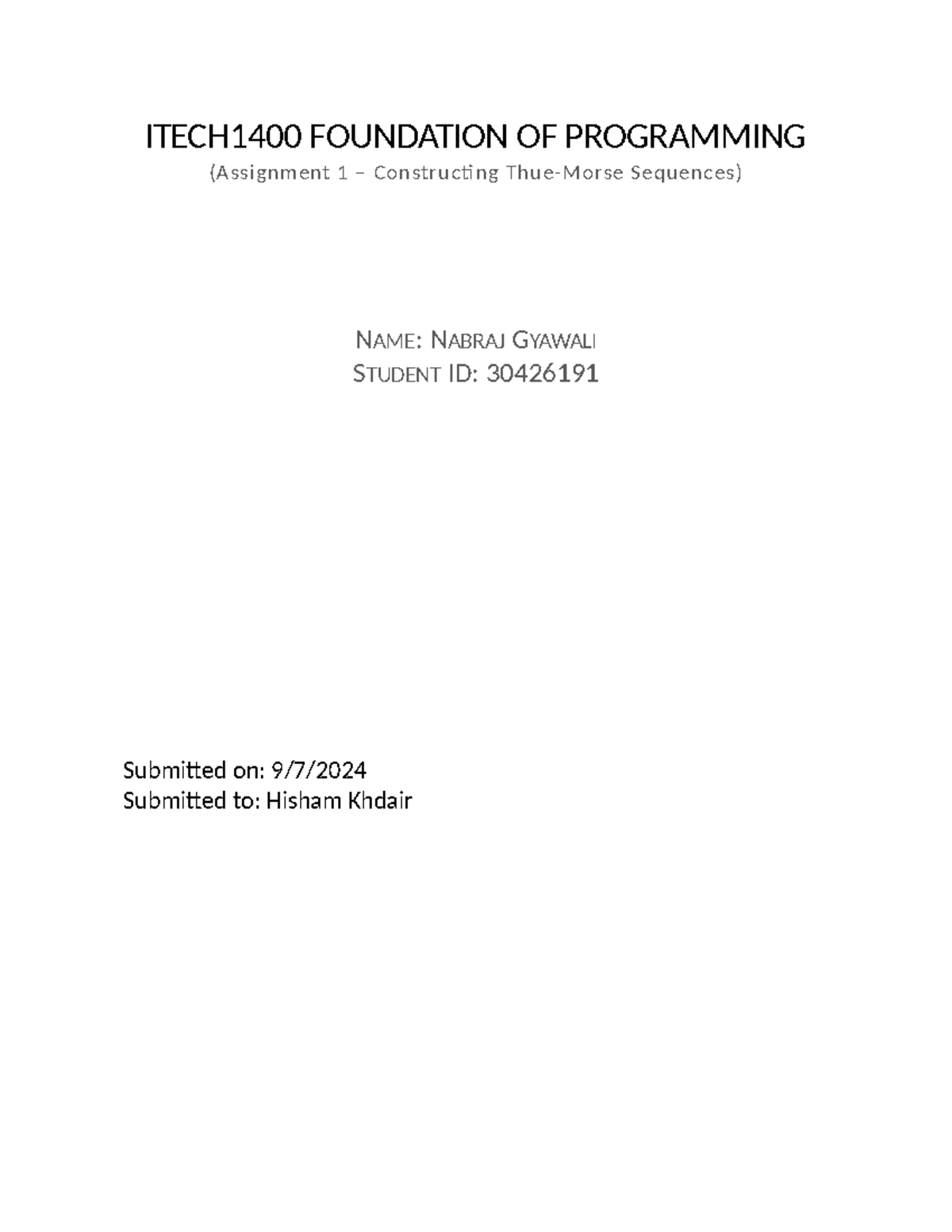 Itech 1400 Foundation OF Programming - ITECH1400 FOUNDATION OF PROGRAMMING (Assignment 1 – - Studocu