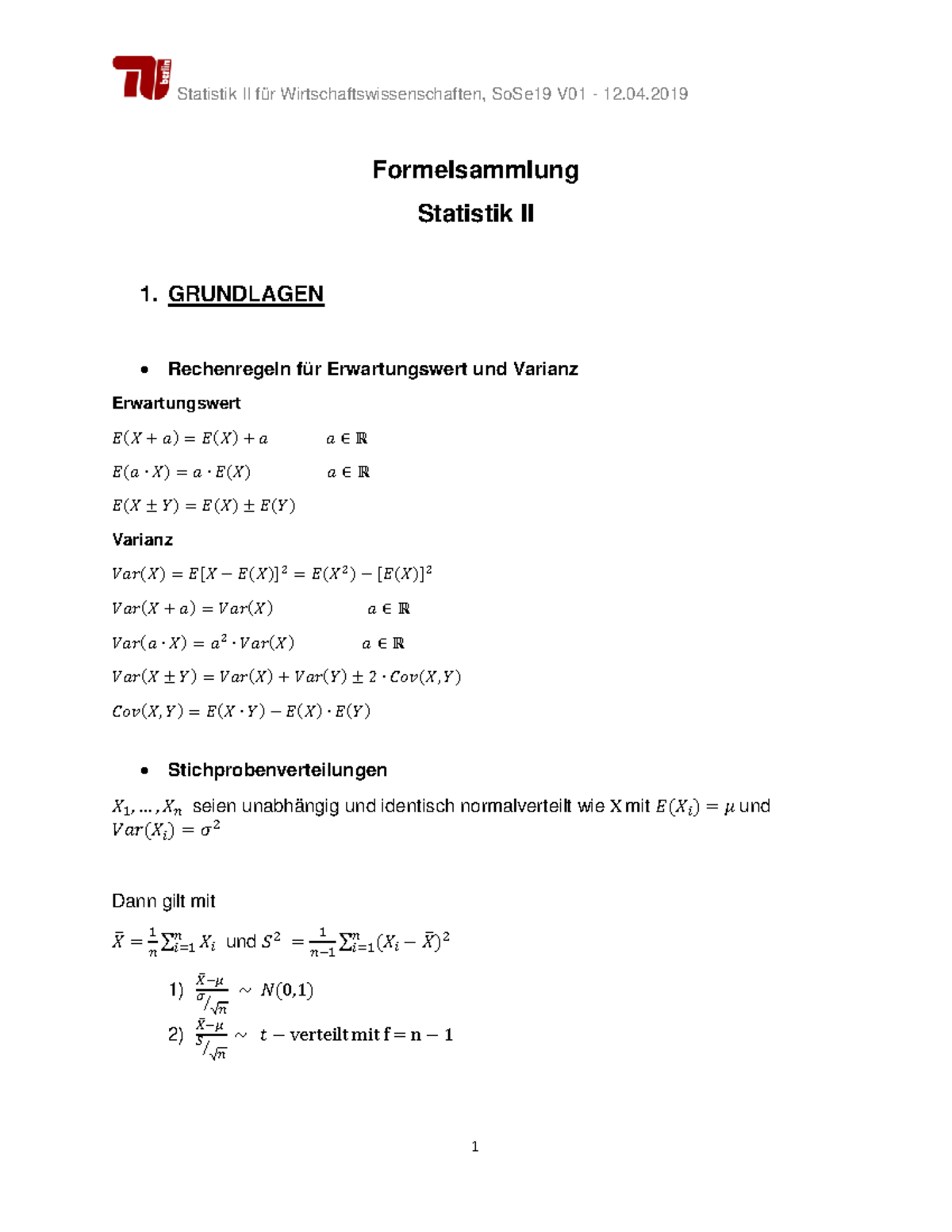 Formelsammlung Statistik II So Se 19 mit Tabellen und Graphiken ...