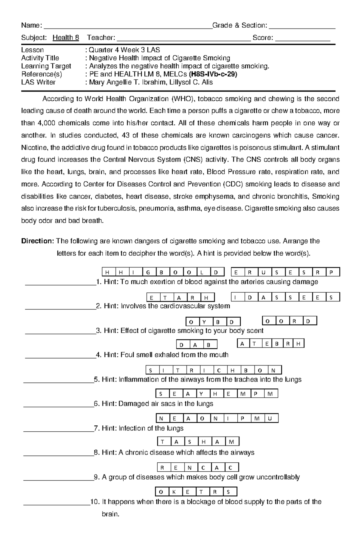Health 8 Q4 WEEK 3 LAS 2 - learning activity sheets - Name: - Studocu