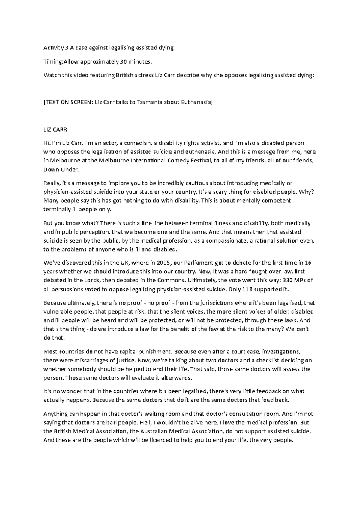 Talking about death part 4 - Activity 3 A case against legalising ...