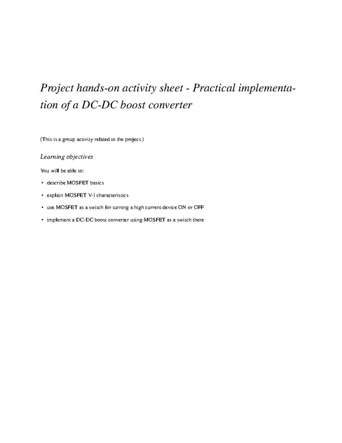 EE1111A Proejct hands-on activity sheet DCDC converter implementation ...