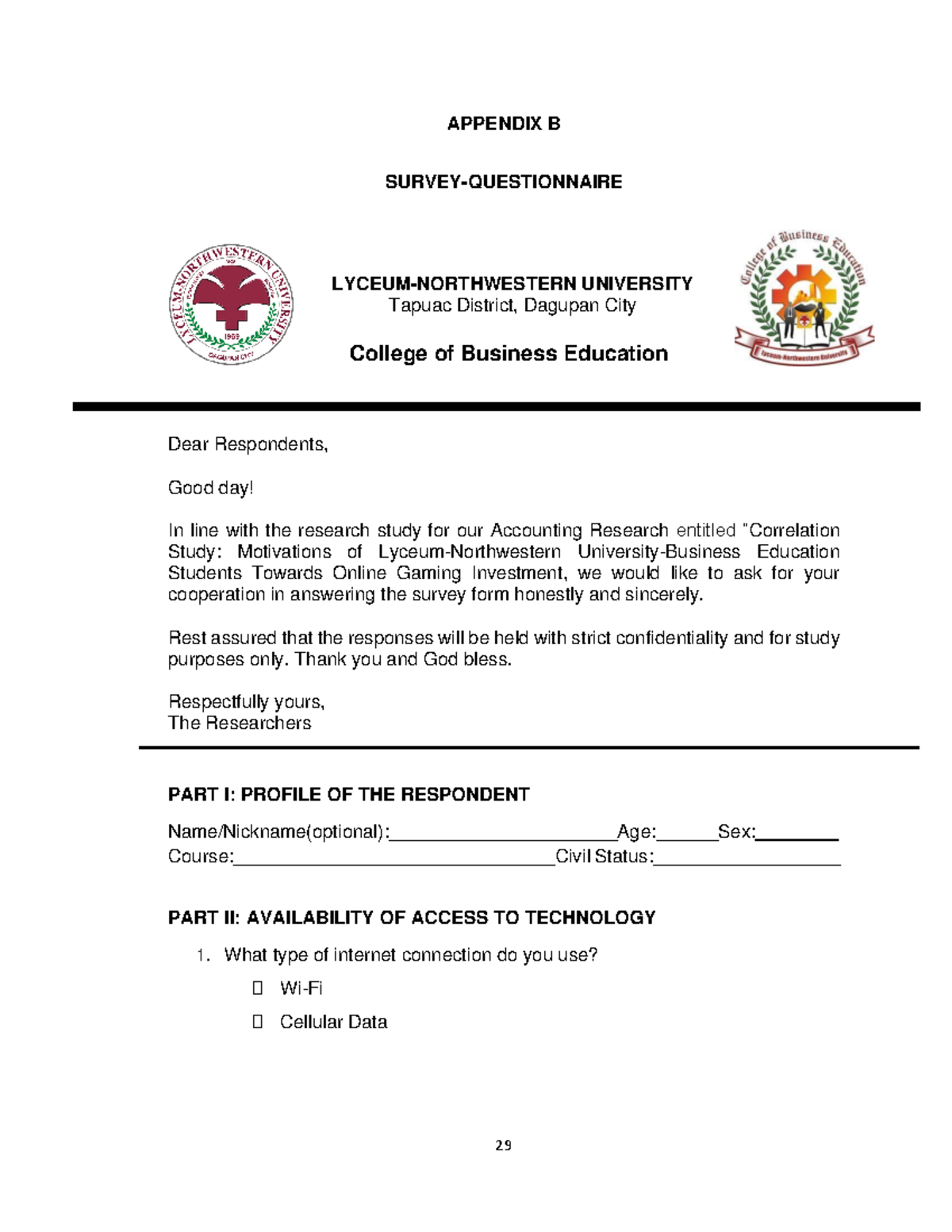 5. Appendix B- Sruvey-Questionnaire - APPENDIX B SURVEY-QUESTIONNAIRE ...