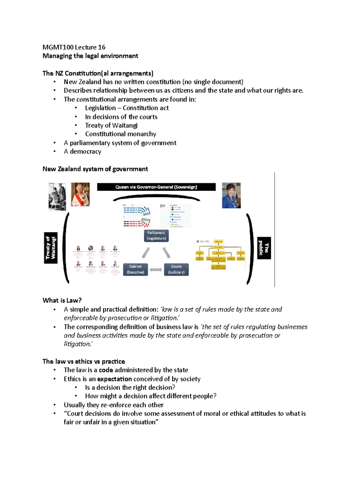 MGMT100 L16 - MGMT100 Lecture 16 Managing the legal environment The NZ ...