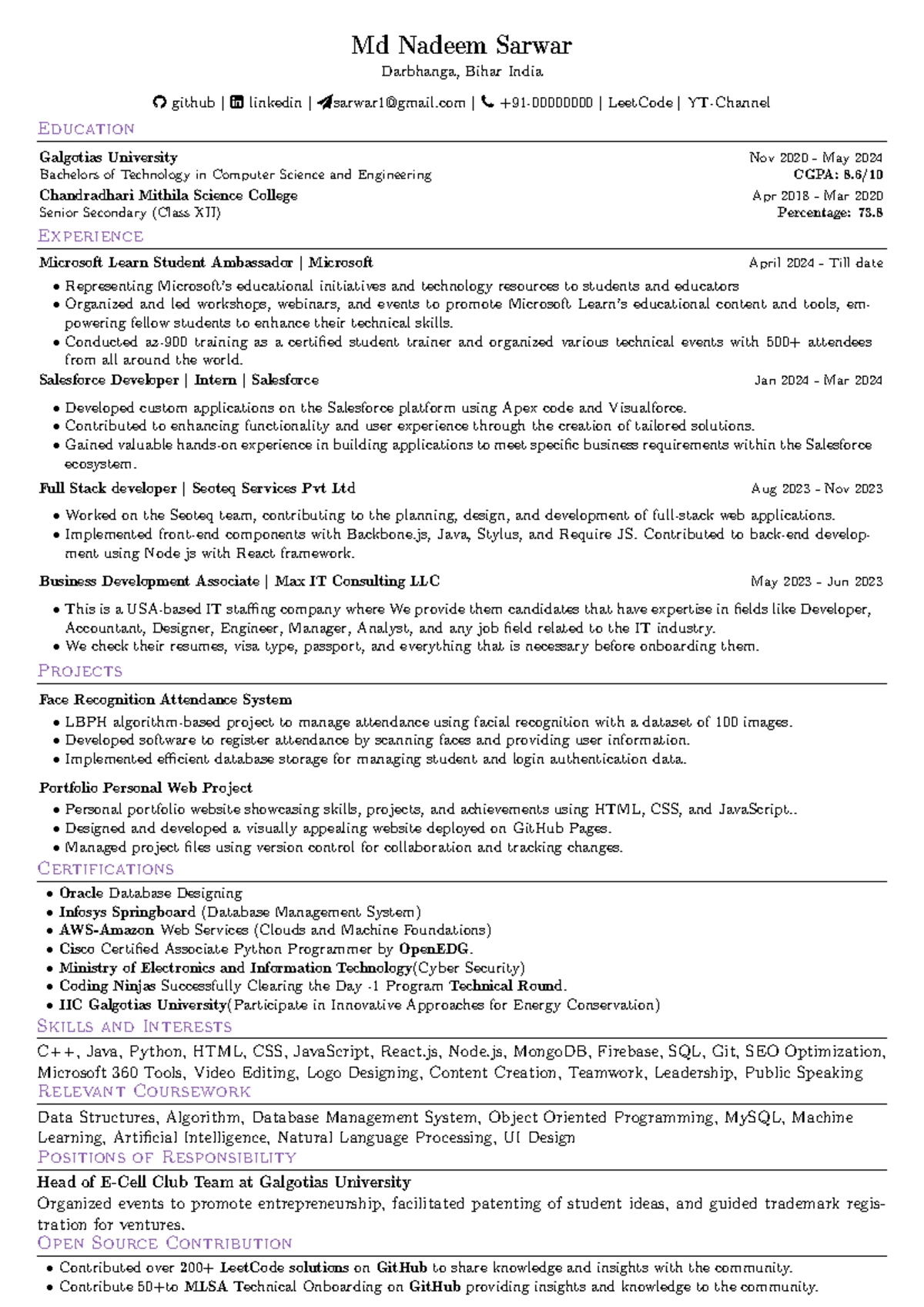 Resume template - BE/sem 7 student - Md Nadeem Sarwar Darbhanga, Bihar India github | ° linkedin ...