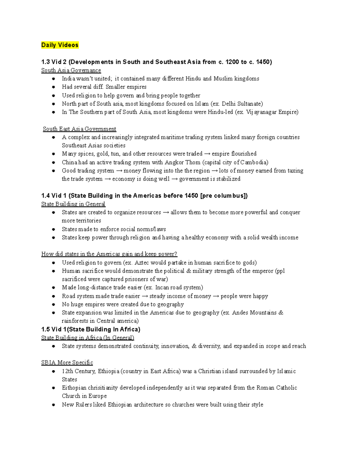 Ap Global Notes - Daily Videos 1 Vid 2 (Developments in South and ...