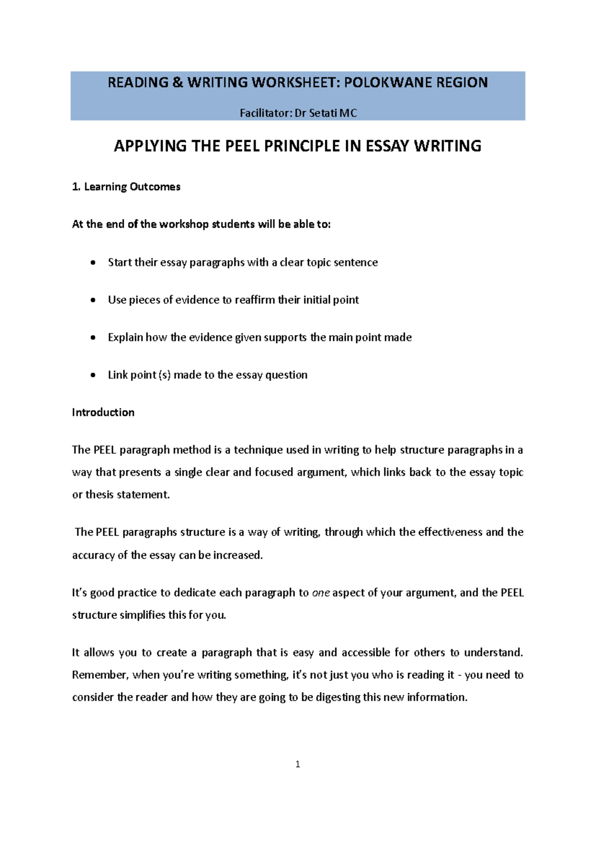Worksheet - Applying the PEEL principle in essay writing - 09 September ...