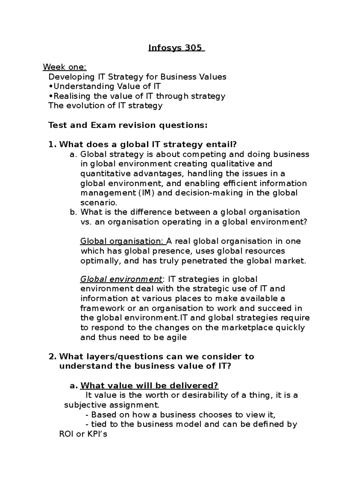 Infosys 305 Na Notes About The Lecture Content Infosys 305 Week One Developing It Strategy