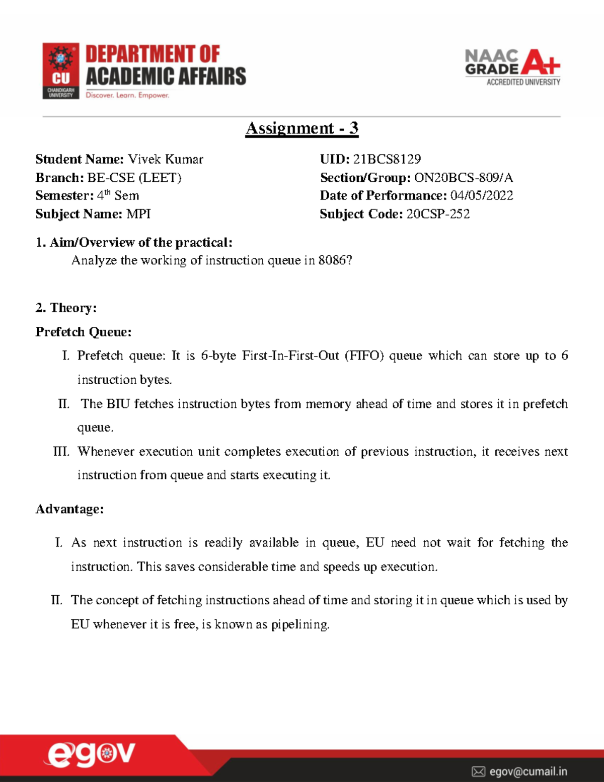 21BCS8129 Vivek Kumar MPI Assignment-3 Q1 - Assignment - 3 Student Name: Vivek Kumar UID: 21BCS ...