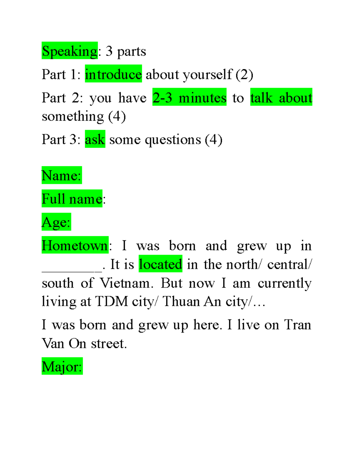 E2 Travelling 1 - Speaking: 3 parts Part 1: introduce about yourself (2 ...