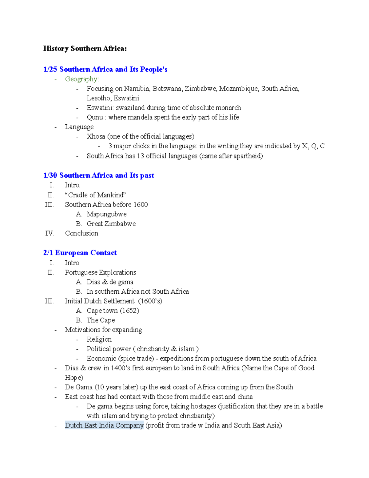History 1 - Lecture notes - History Southern Africa: 1/25 Southern ...