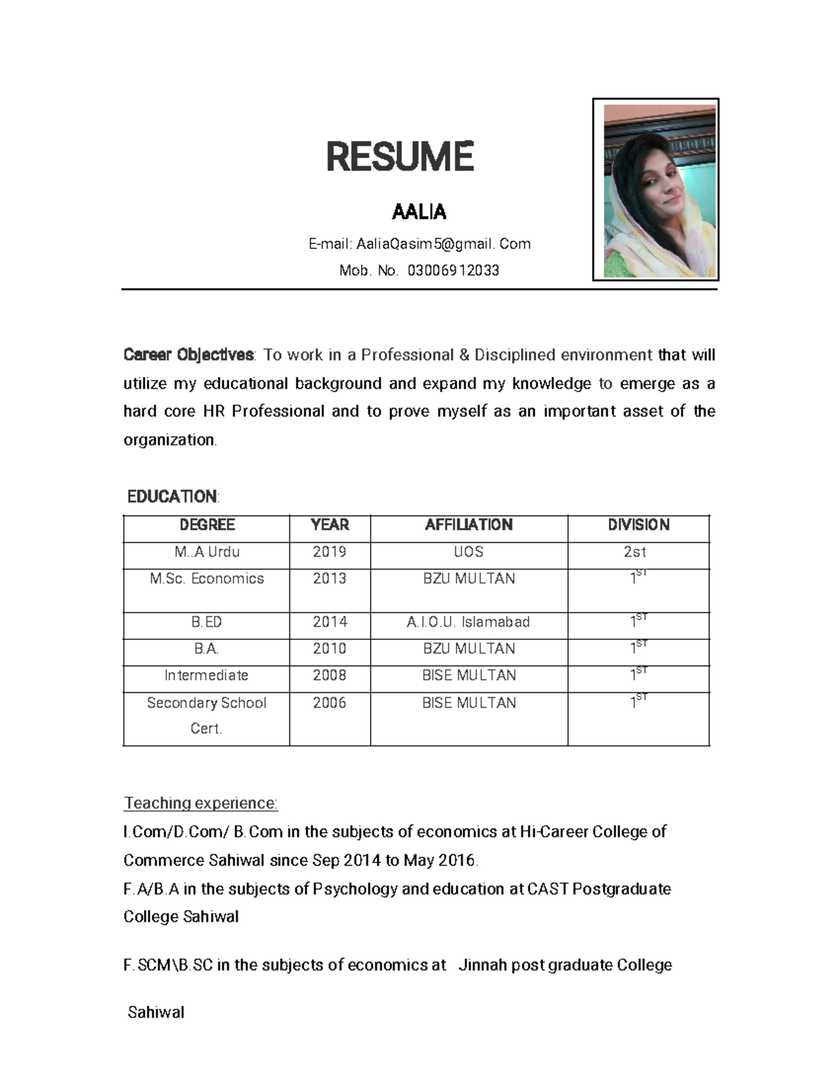 Aalia CV - msc economics - R E S U ME ́ A A L I A E-mail: AaliaQasim5 ...