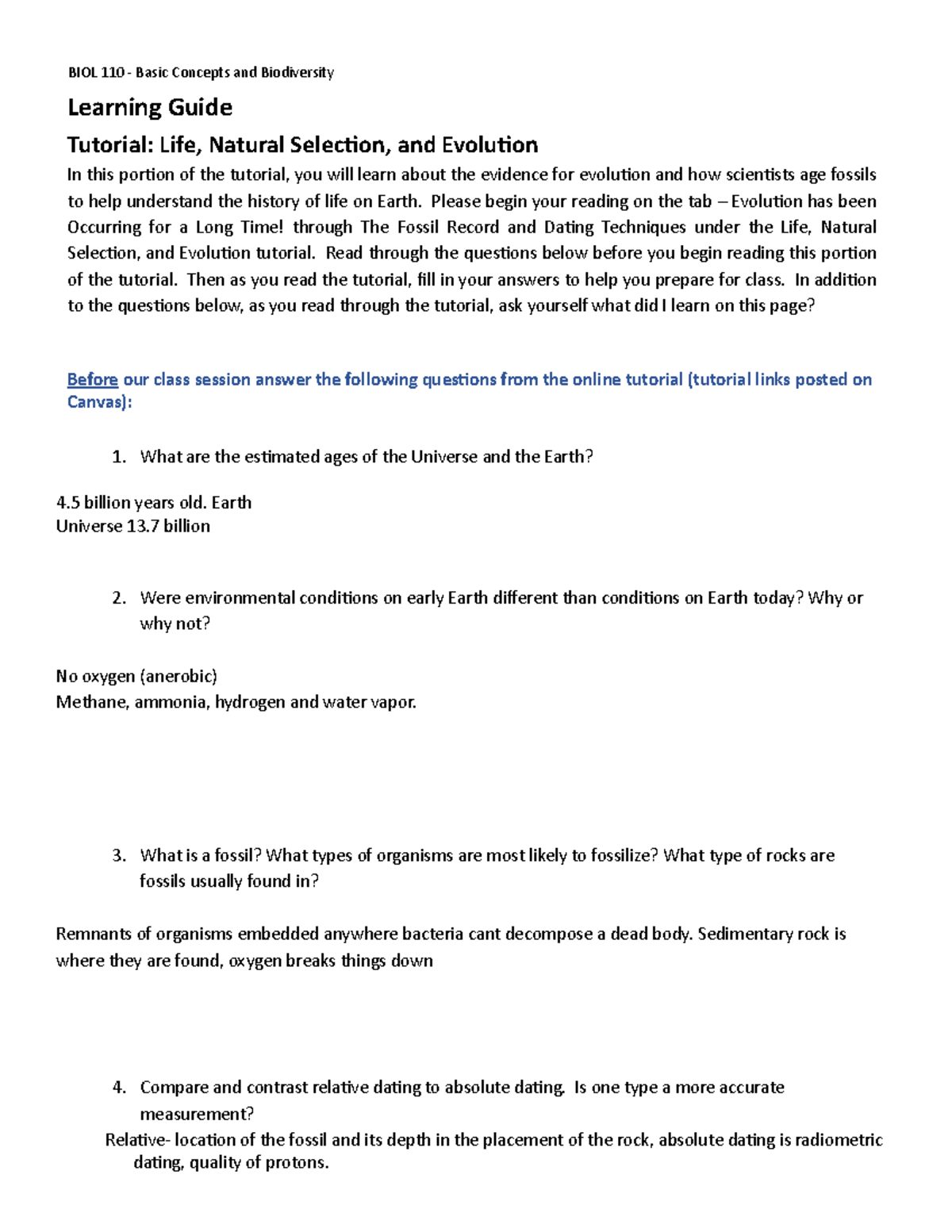 Learning Guide for Tutorial #2 - Part II Bio 110 - BIOL 110 - Basic ...