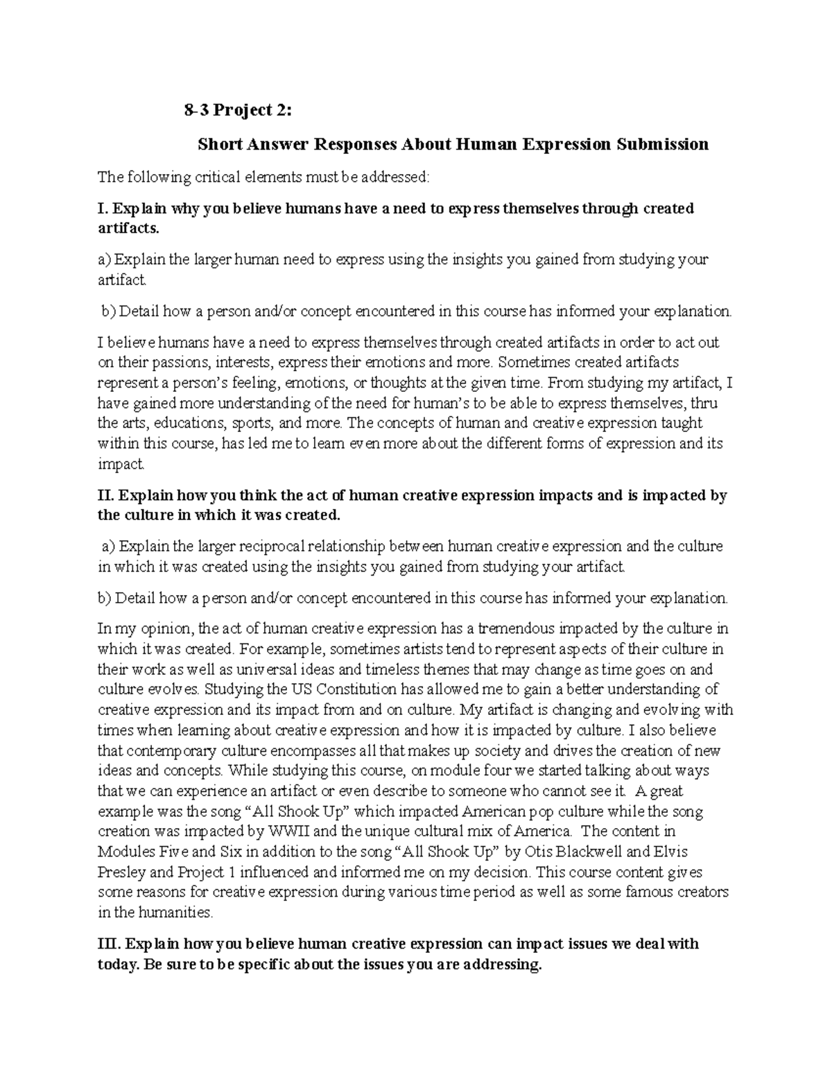 HUM100 WEEK8 8 - Week 8. module 8.3 - 8-3 Project 2: Short Answer ...