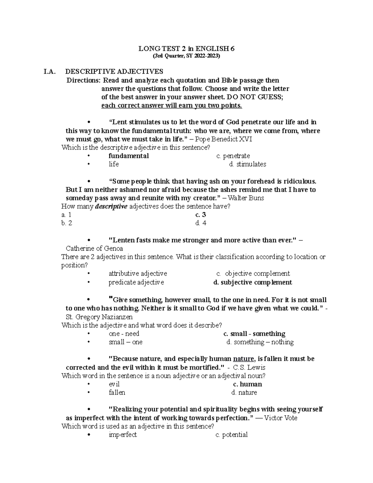 I. LONG TEST 3 - hope this helps - LONG TEST 2 in ENGLISH 6 (3rd ...