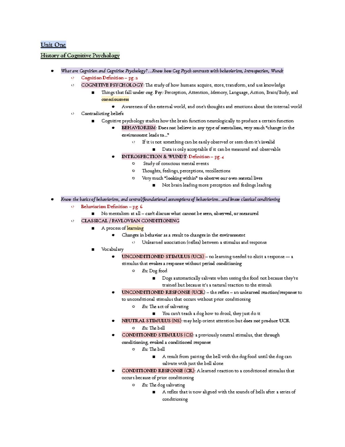 Cog. Final Study Guide - Unit One History of Cognitive Psychology What are Cognition and ...