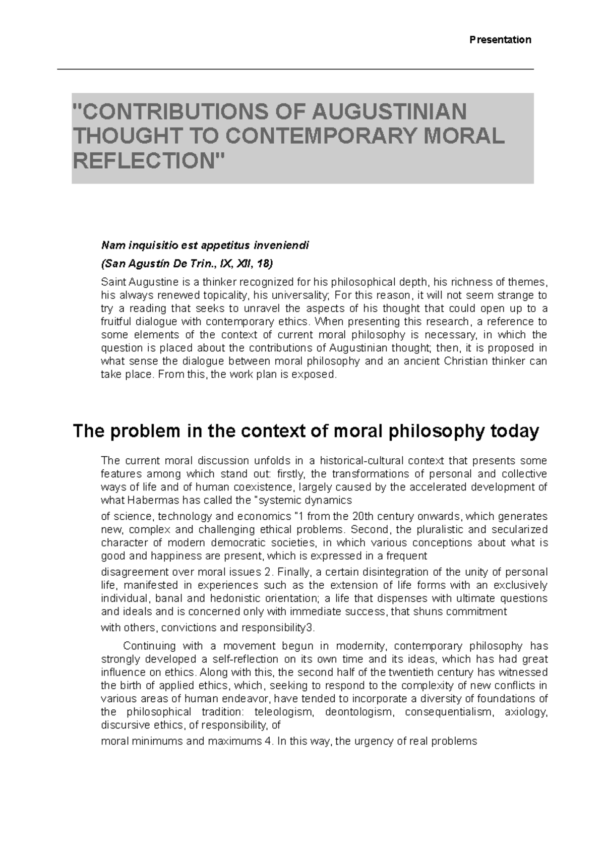 Contributions OF Augustinian Thought TO Contemporary Moral Reflection ...
