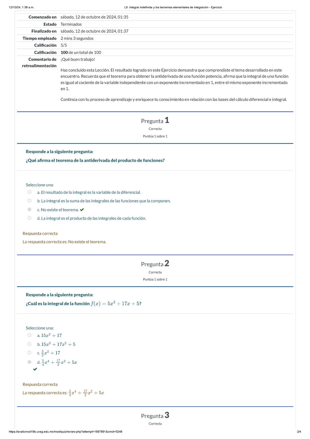 L9. Integral indefinida y los teoremas elementales de integración - Ejercicio - Comenzado en ...