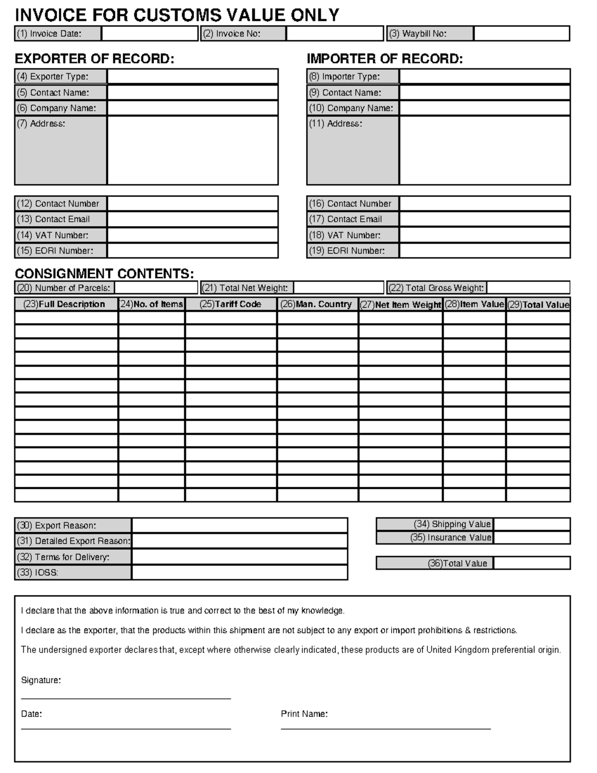 Customs invoice template FORM - INVOICE FOR CUSTOMS VALUE ONLY (1 ...