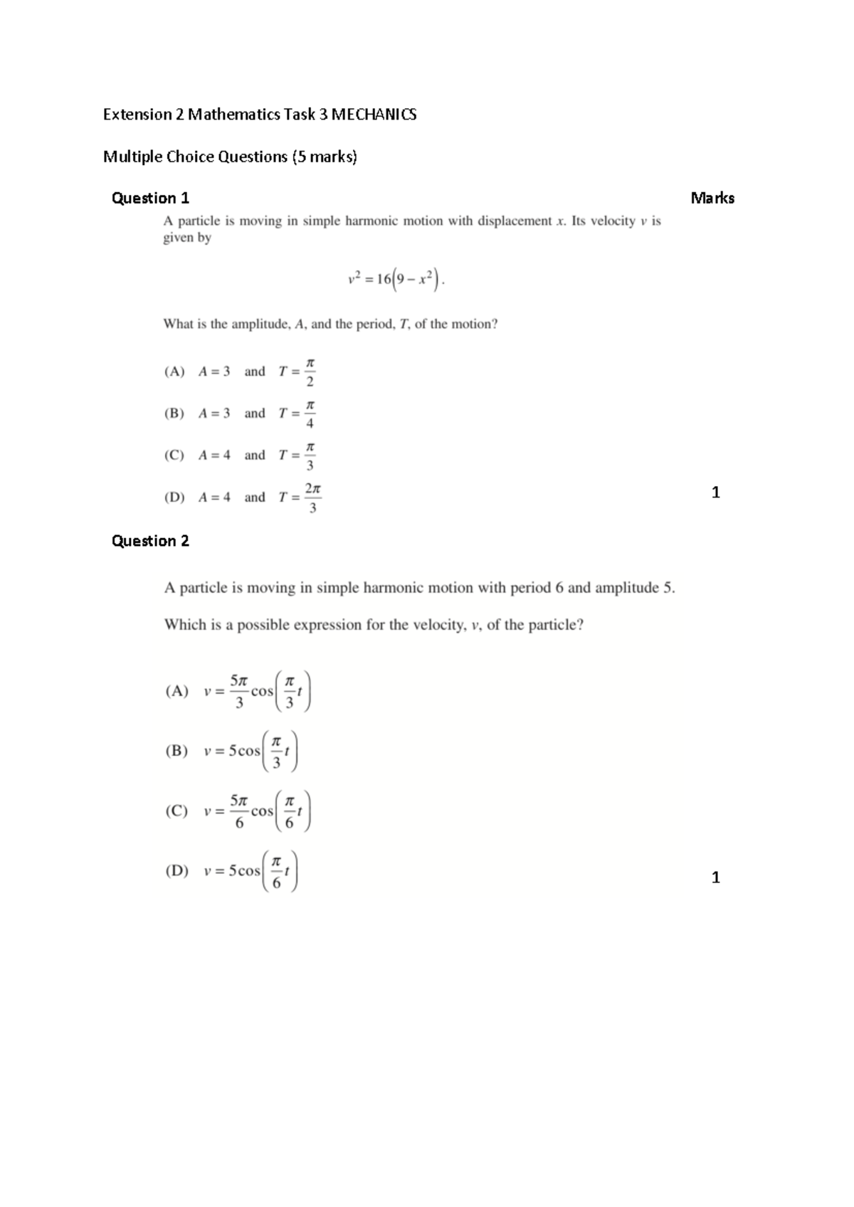 2020 Mechanics EXT2 - Extension 2 Mathematics Task 3 MECHANICS Multiple ...