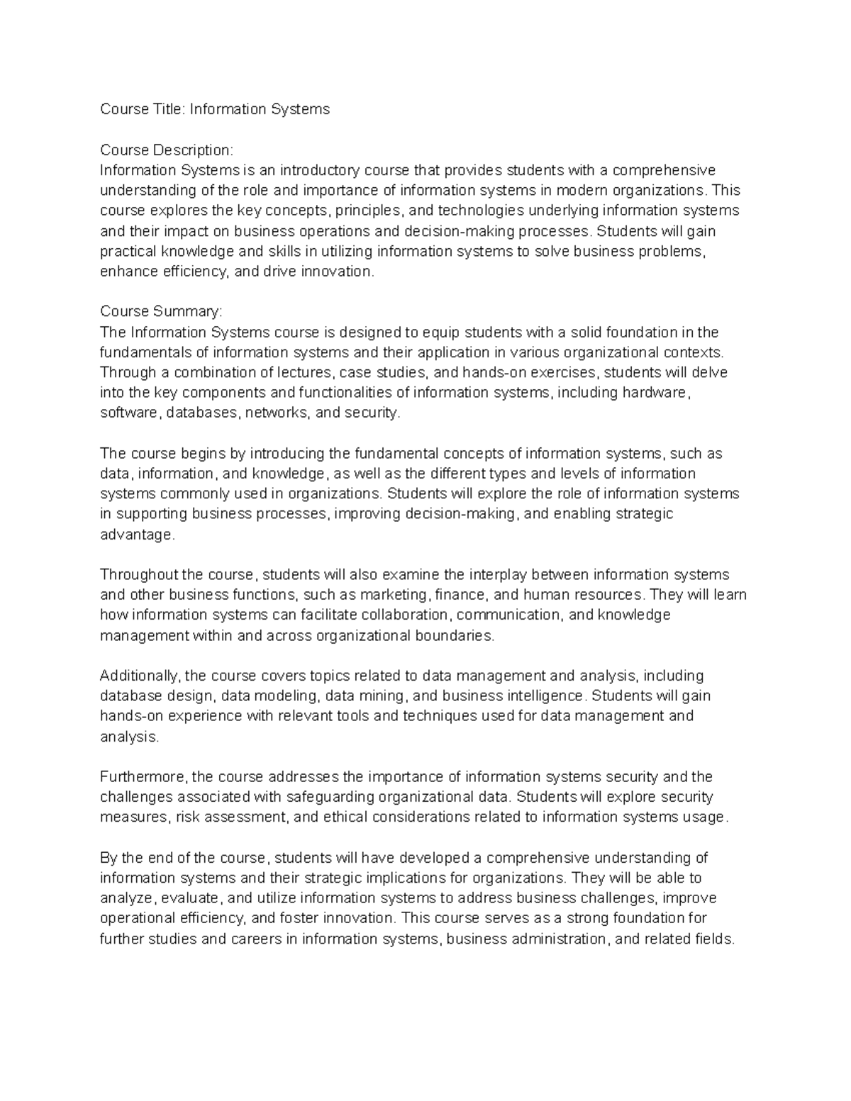 Course Title Information Systems - Course Title: Information Systems ...