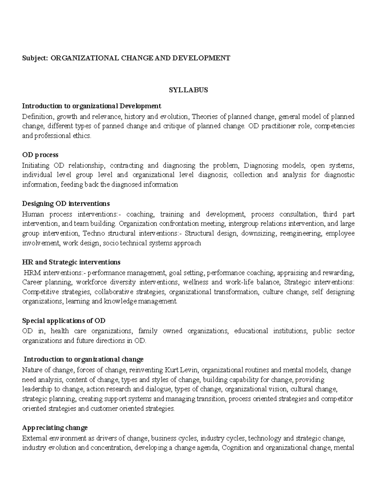 2020 first lesson - Lecture notes 1 - Subject: ORGANIZATIONAL CHANGE ...