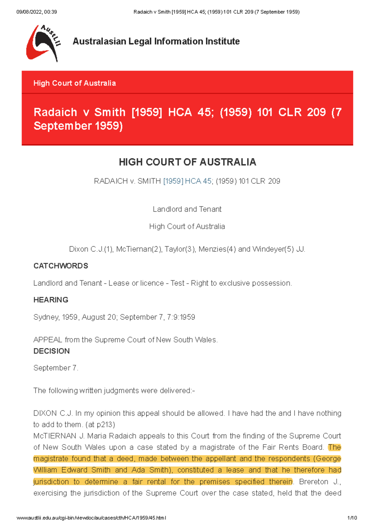 Radaich v Smith [1959] HCA 45; (1959) 101 CLR 209 (7 September 1959 ...