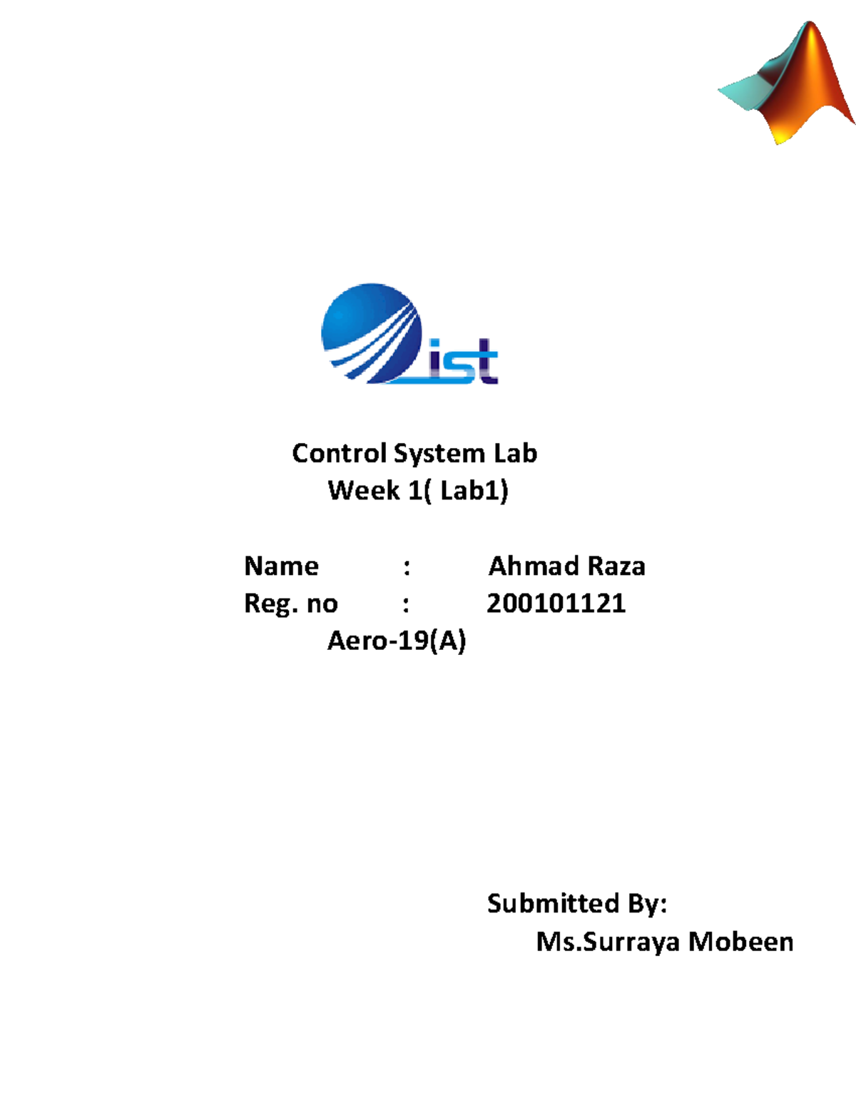 Ahmad Raza 2001 01121 Control System Lab Week 1 - Control System Lab ...