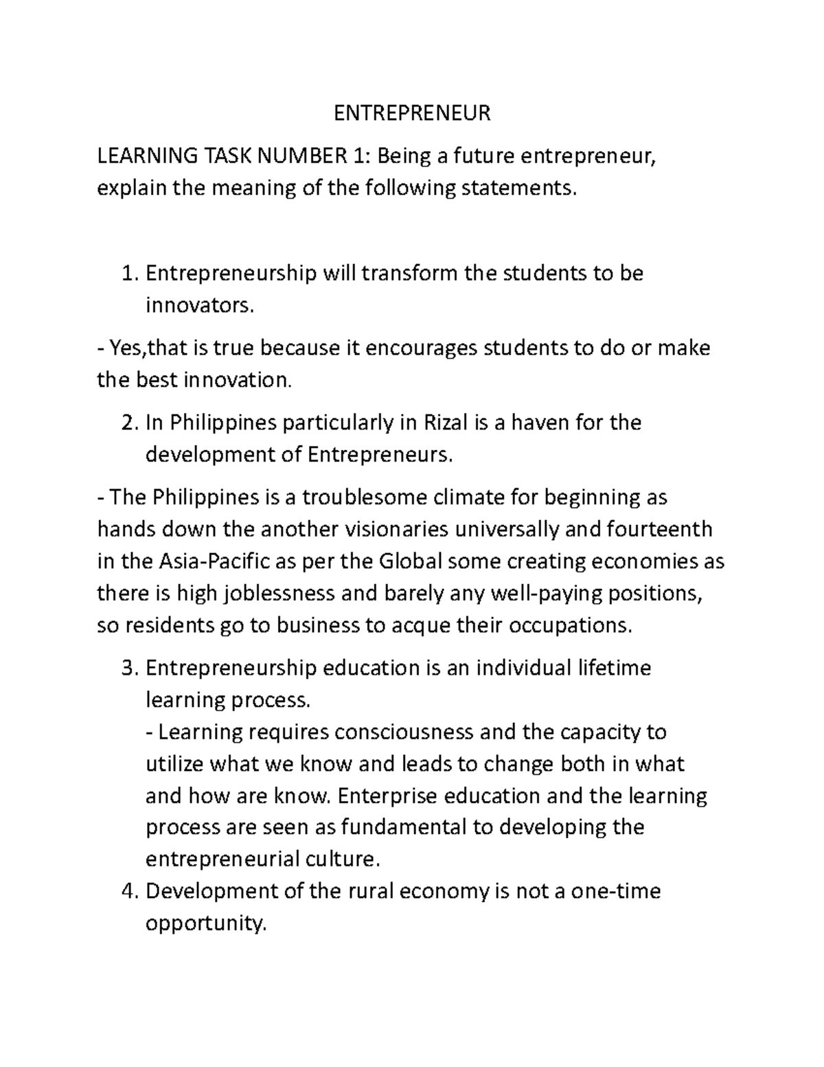 Joys - ENTREPRENEUR LEARNING TASK NUMBER 1: Being a future entrepreneur ...