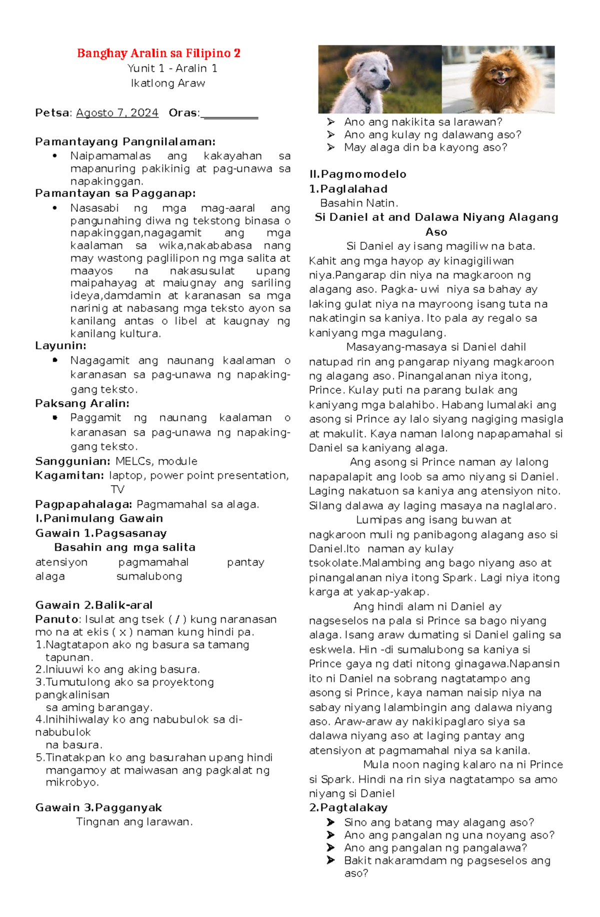 Q1- Filipino -WEEK 1- Day 3 - Banghay Aralin sa Filipino 2 Yunit 1 ...