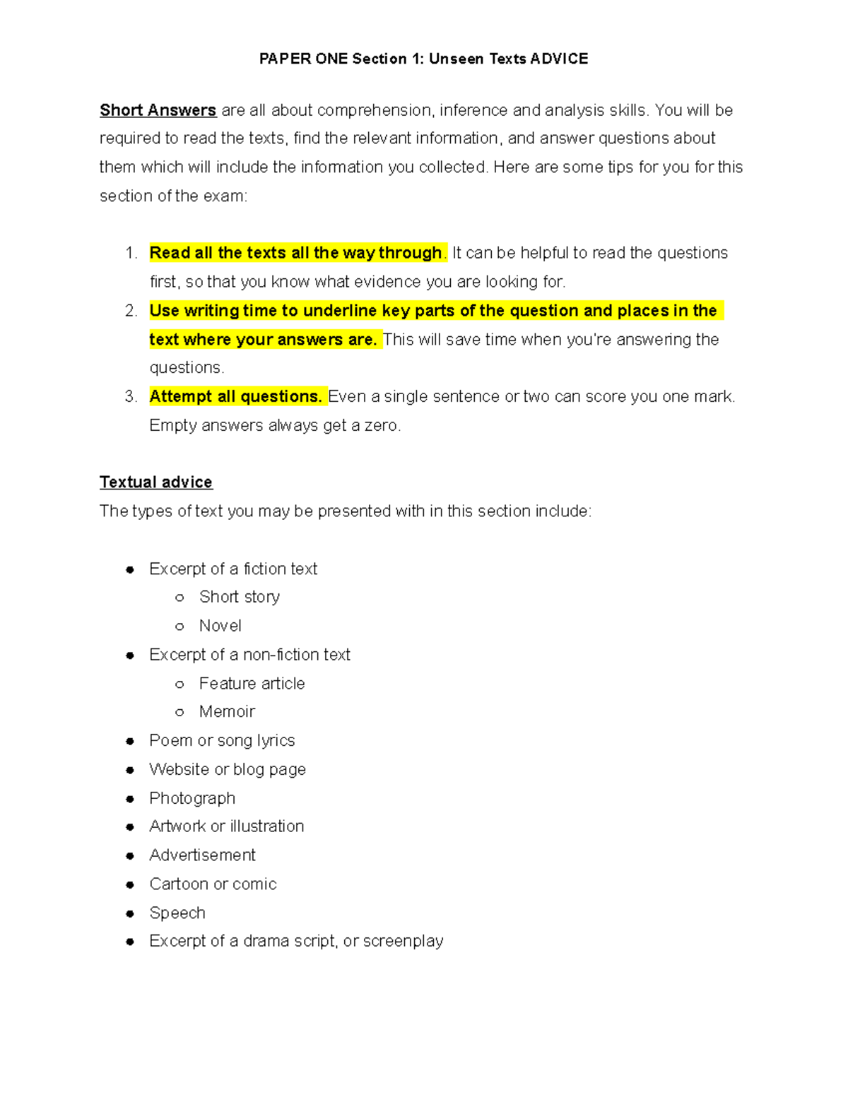 Short Answer Exam Advice - PAPER ONE Section 1: Unseen Texts ADVICE ...