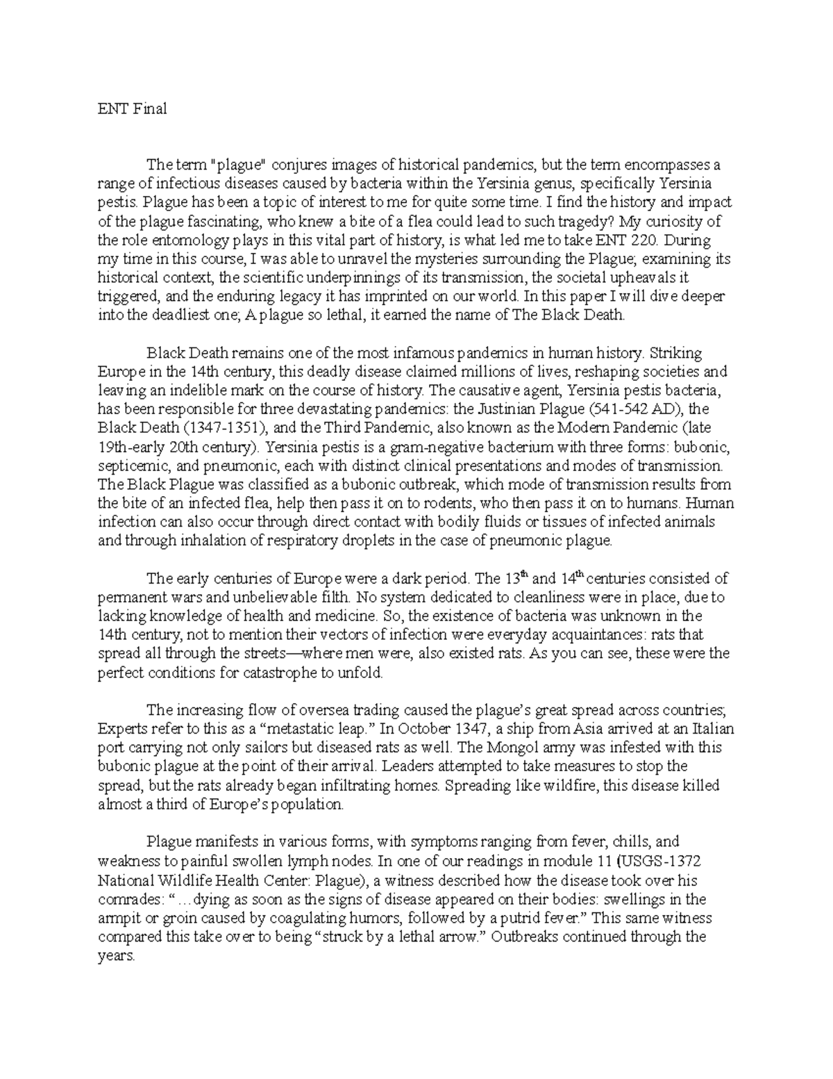 ENT Final Paper - research and summary on the plague chapter in ENT ...