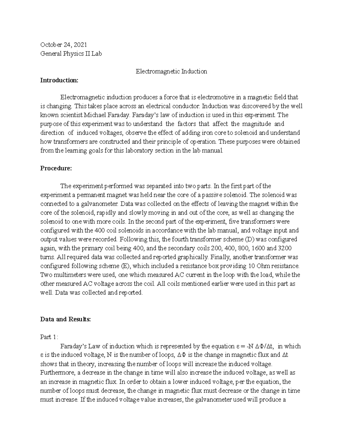 Lab 7 Electromagnetic Induction - October 24, 2021 General Physics II ...