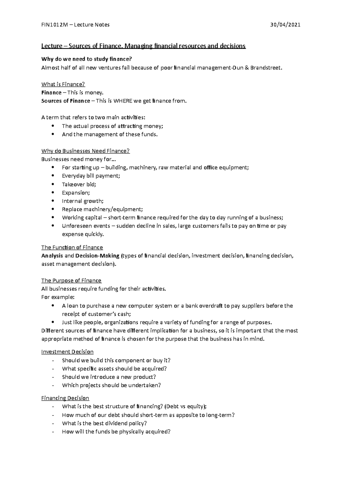 Lecture notes - Sources of finance 2 - FIN1012M – Lecture Notes 30/04 ...