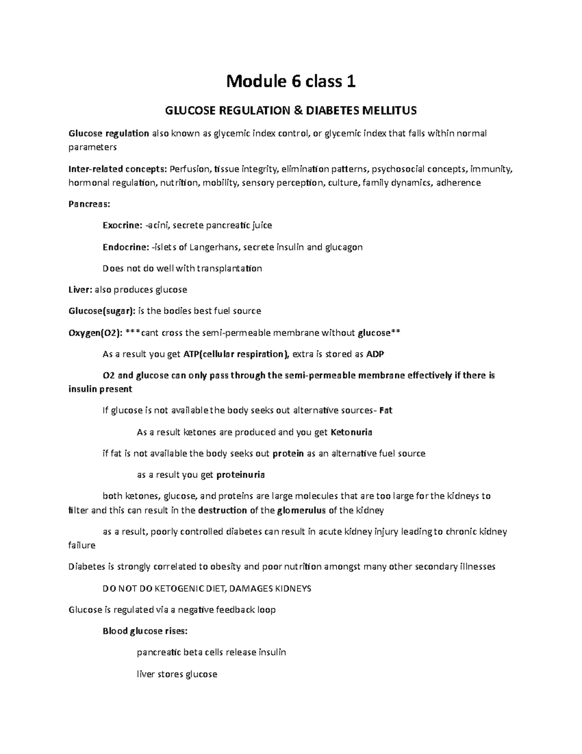 Module 6 class 1 notes - Module 6 class 1 GLUCOSE REGULATION & DIABETES ...