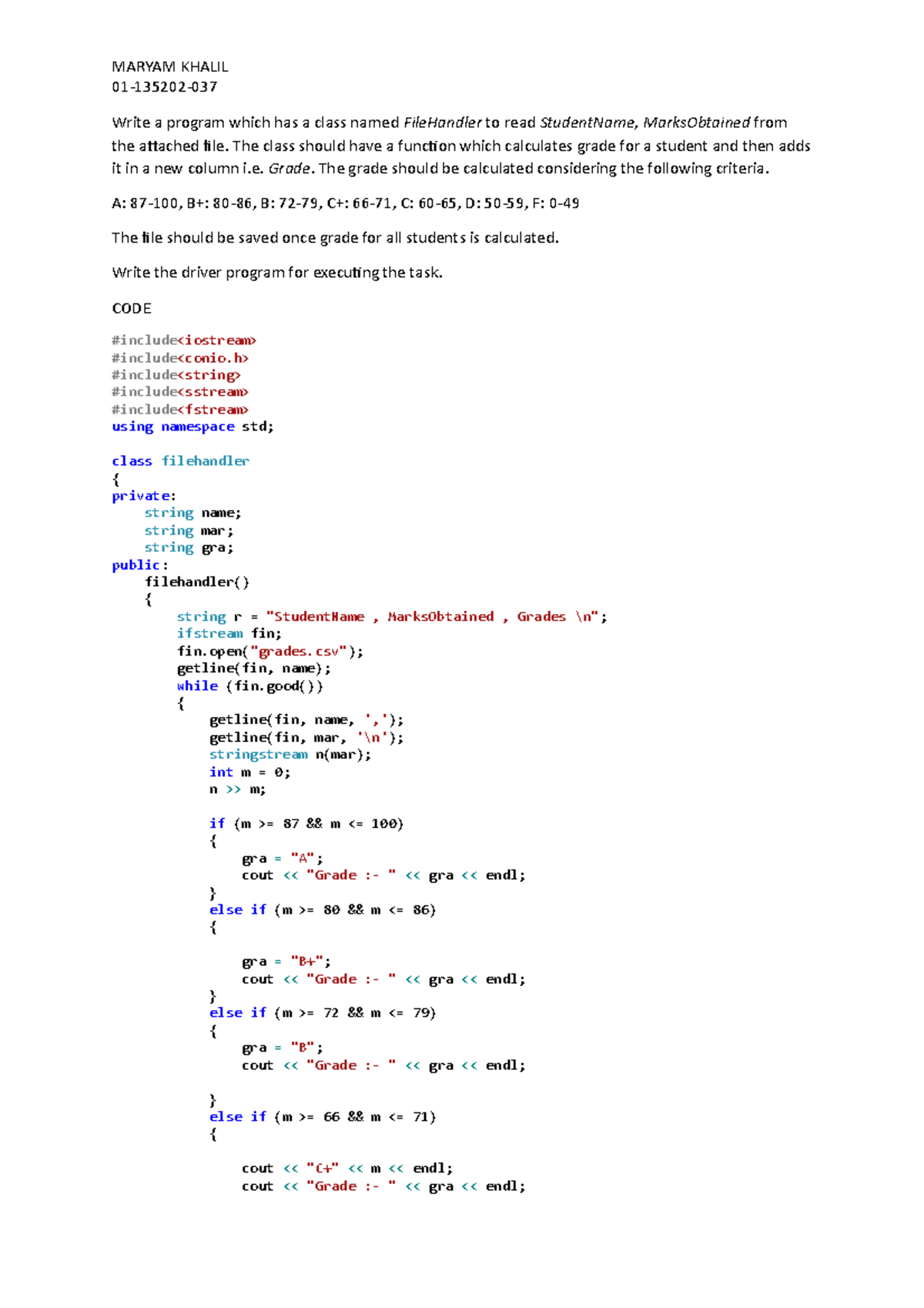 Assignment - Grade Calculation - MARYAM KHALIL 01-135202- Write a ...